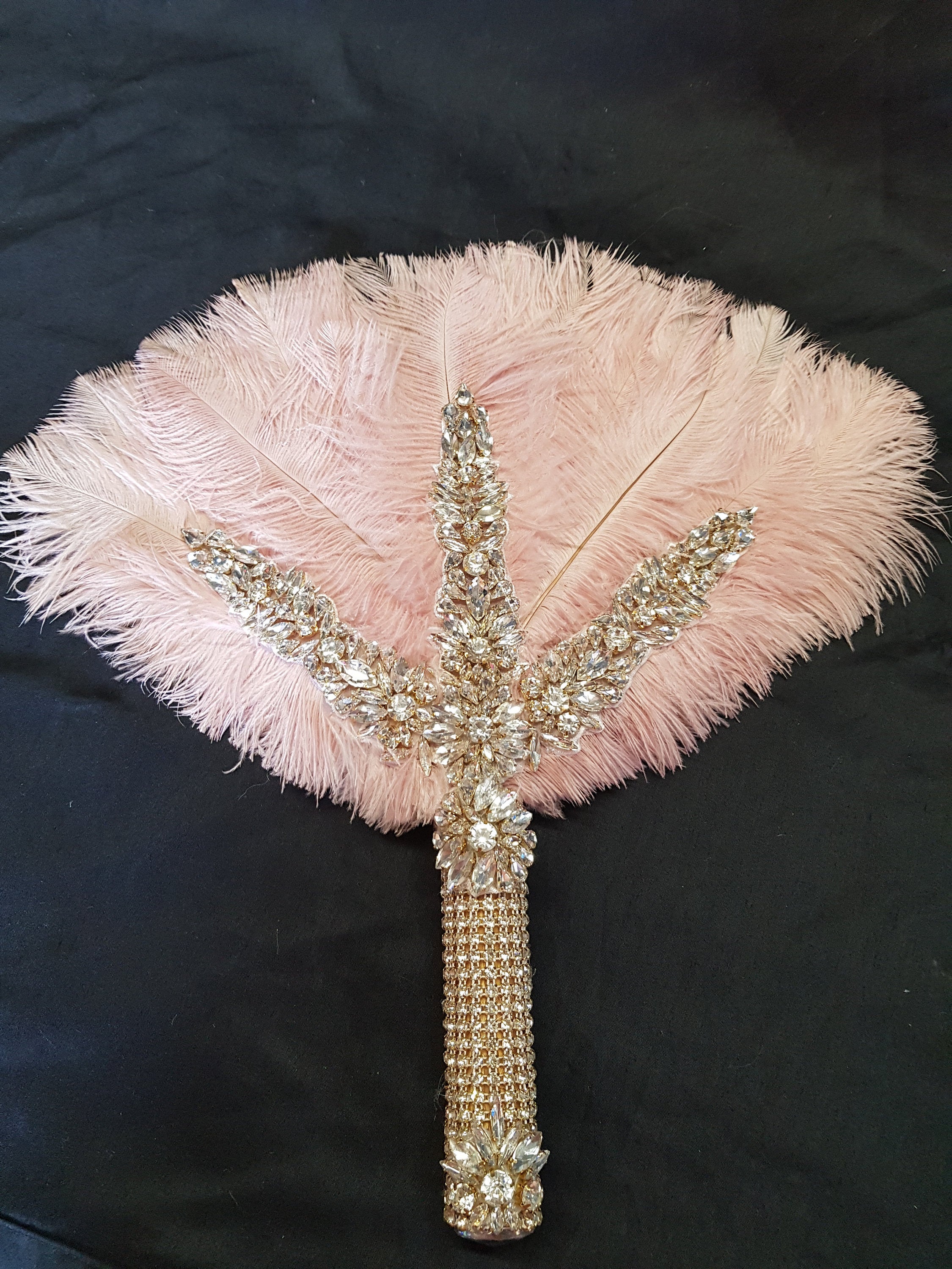Blush pink Feather Fan bridal hand fan bouquet, READY TO SHIP – Crystal ...